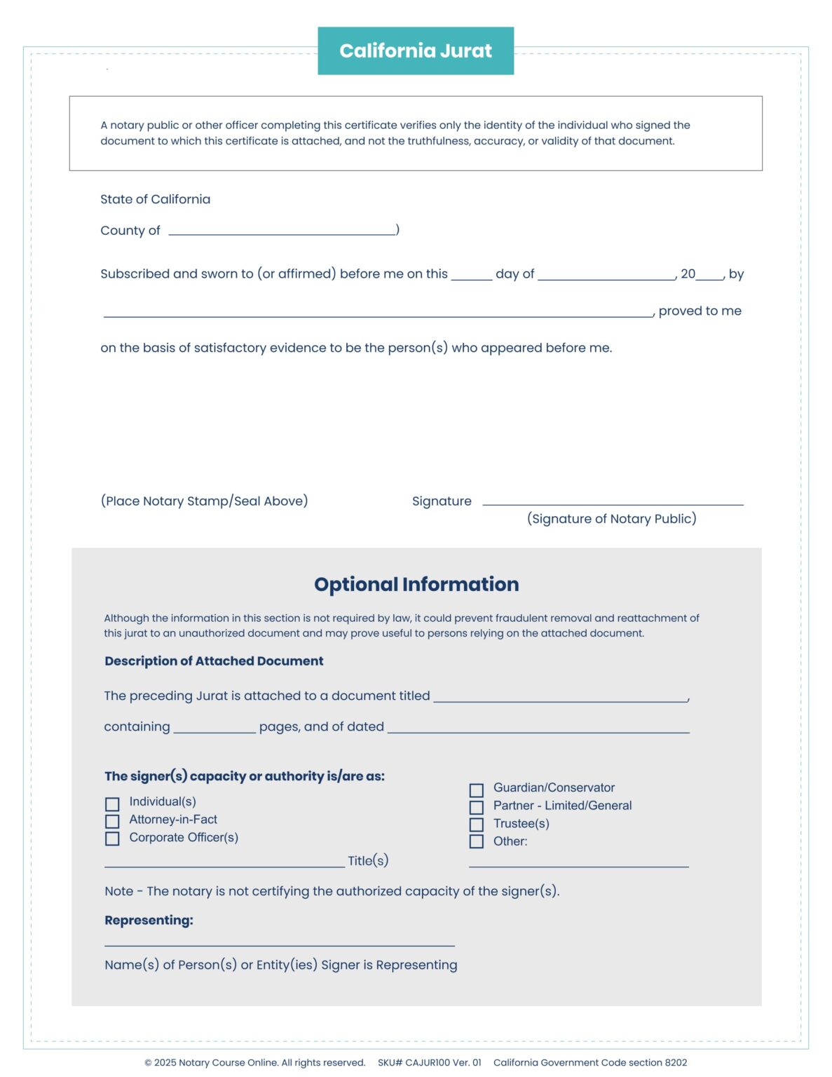 California Jurat Certificates - 100 sheets | Notary Course Online