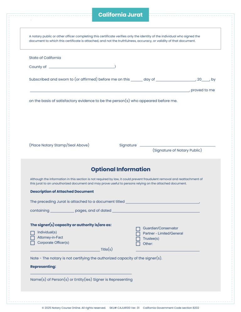 California Jurat Certificates - 100 sheets | Notary Course Online