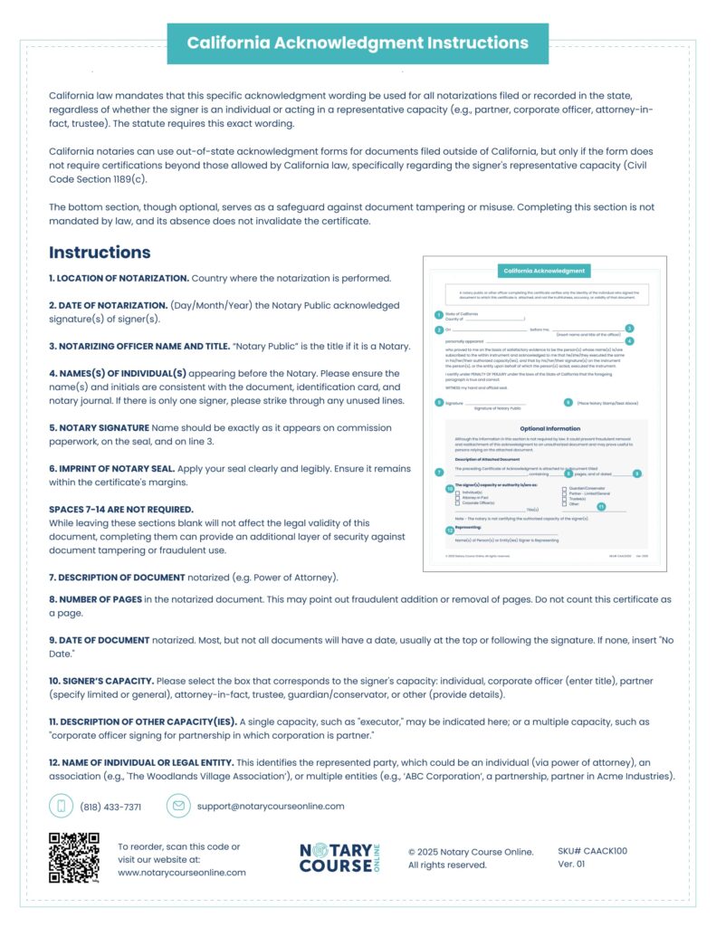 California Acknowledgment Certificate - 100 Sheets | Notary Course Online