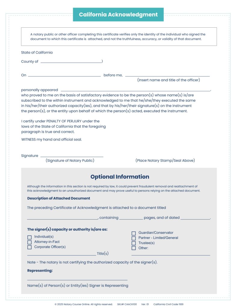 California Acknowledgment Certificate - 100 Sheets | Notary Course Online